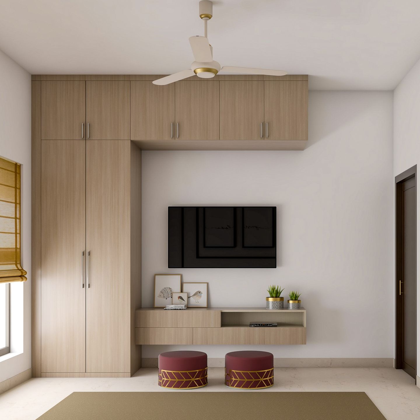 Wooden TV Unit Design With 2-Door Swing Wardrobe And Loft Storage ...