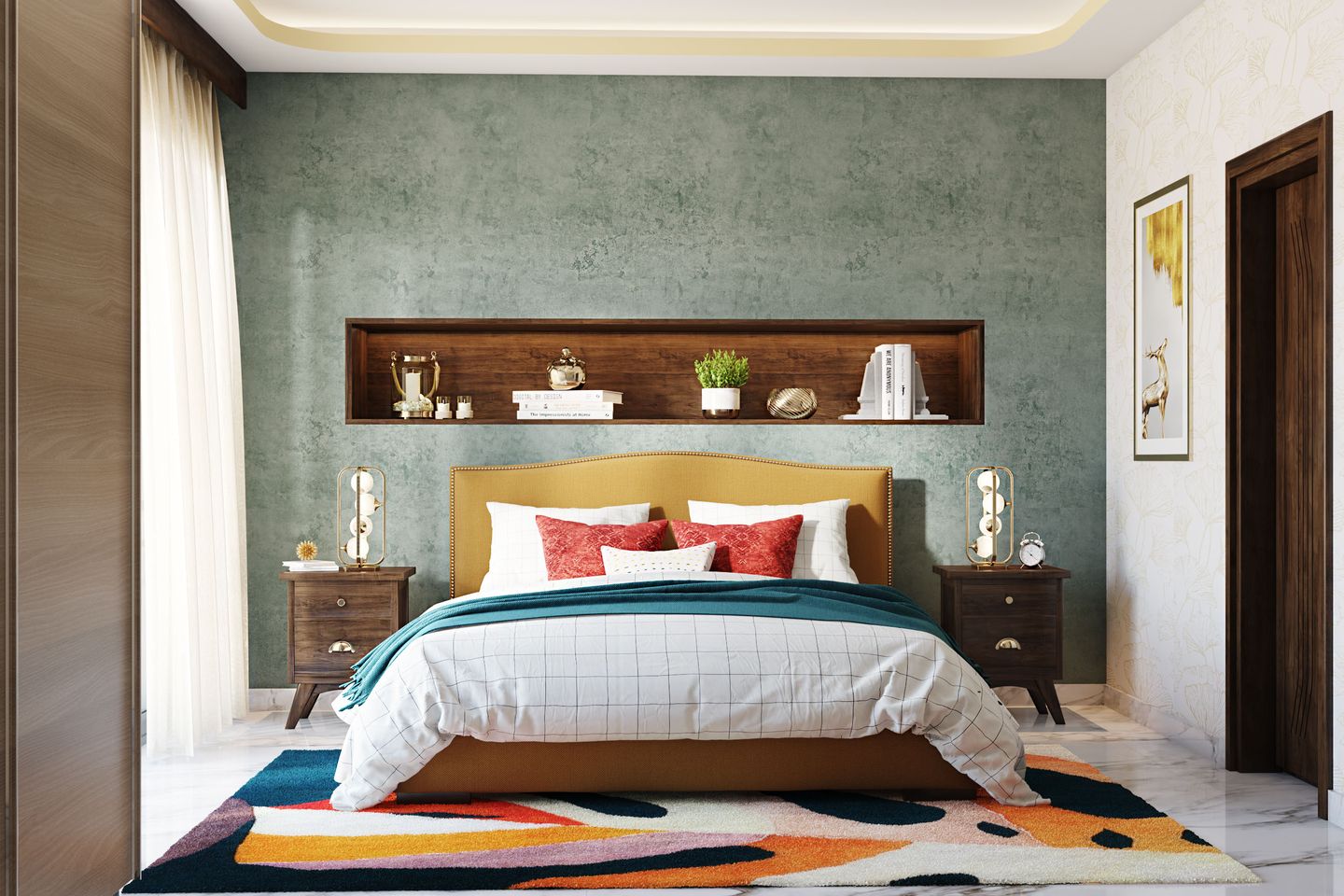 Wall Design With Classic Green Textured Paint And Wooden Wall Niche ...