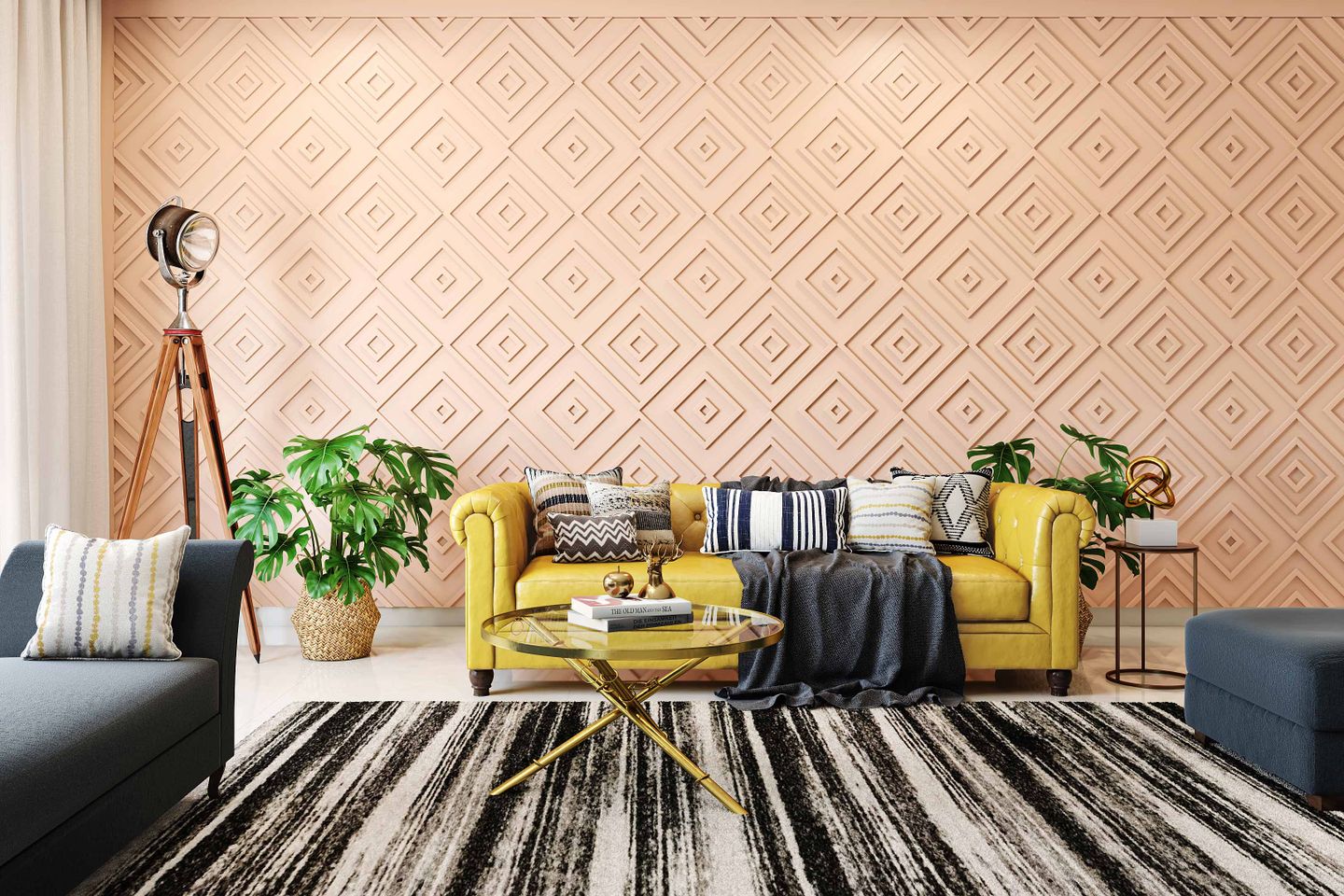 Living Room Wall Paint Design In Peach With Concentric Diamond Wall ...