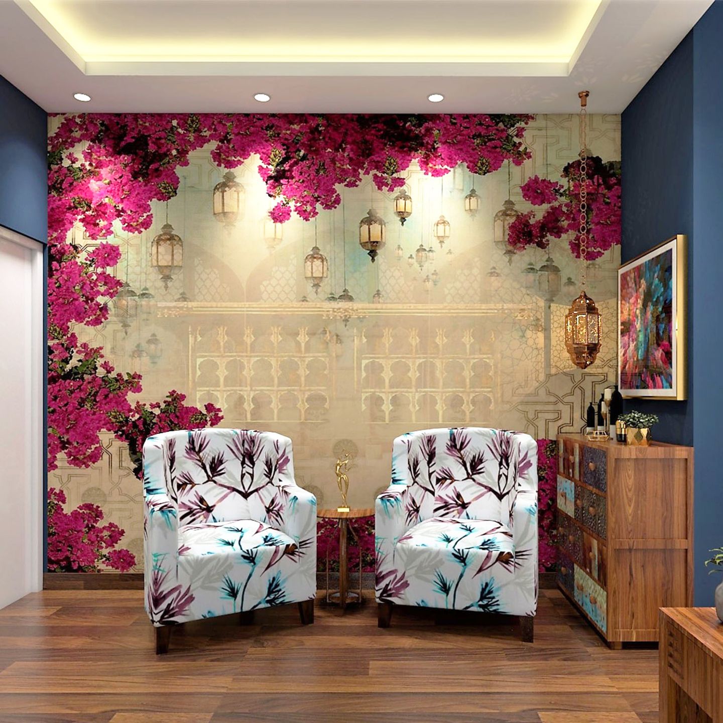 Vintage Mural Foyer Wallpaper Design In Pink And Beige | Livspace