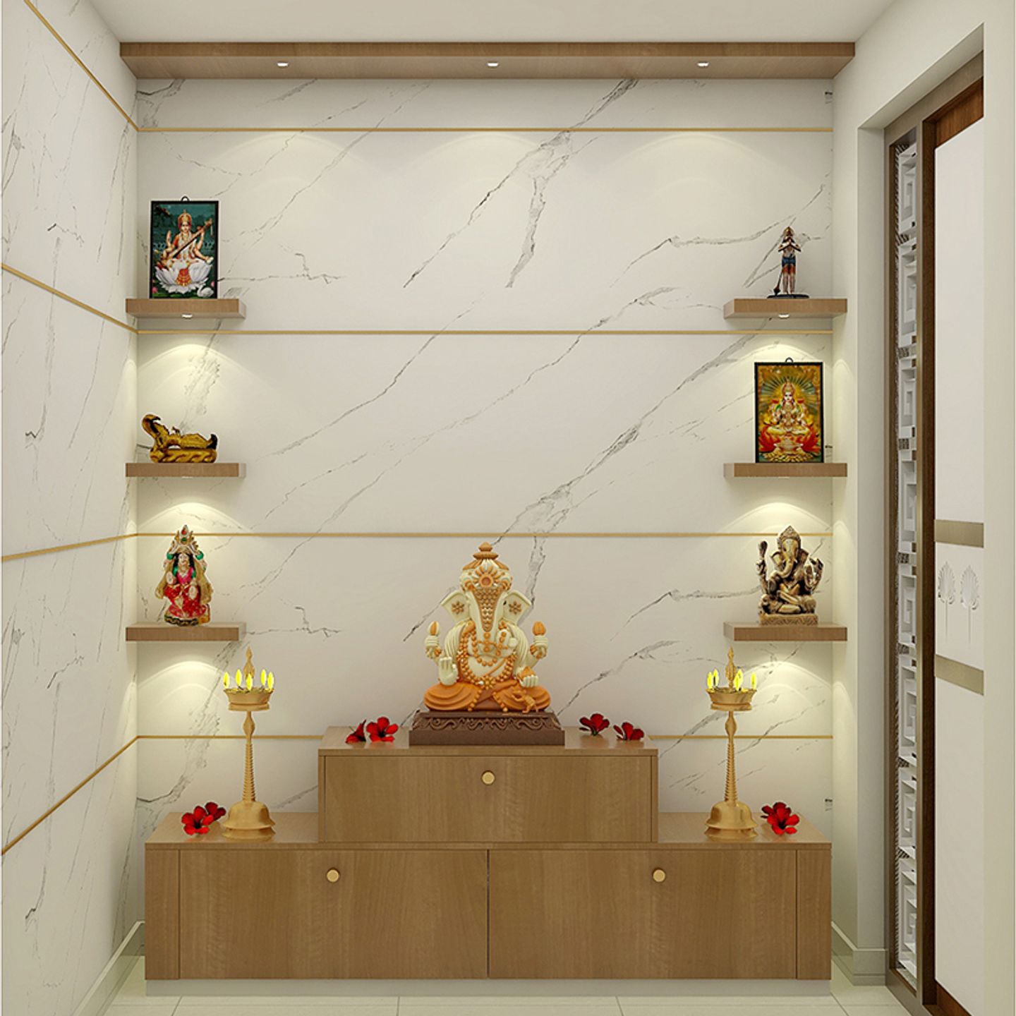 Mandir Design With Three Storage Units And Marble Accent Wall | Livspace