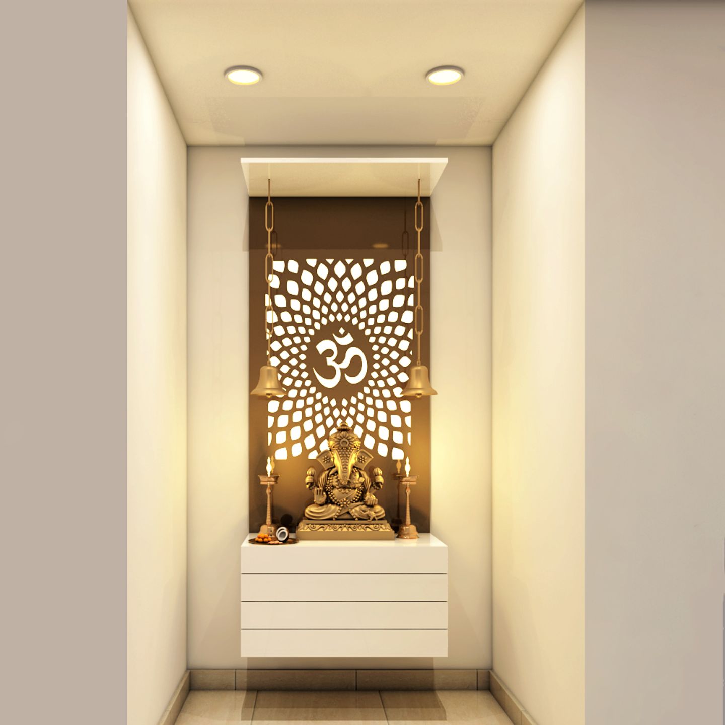 Pooja Room Design With Backlit Om Mandala And White Storage | Livspace