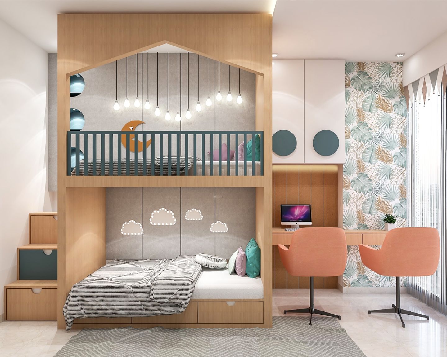 Space-Saving Kids Bedroom Design With Wooden Study Table And Peach ...