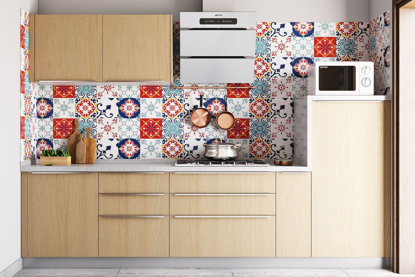Multicoloured Moroccan Contemporary Kitchen Tiles With Wooden Cabinets ...