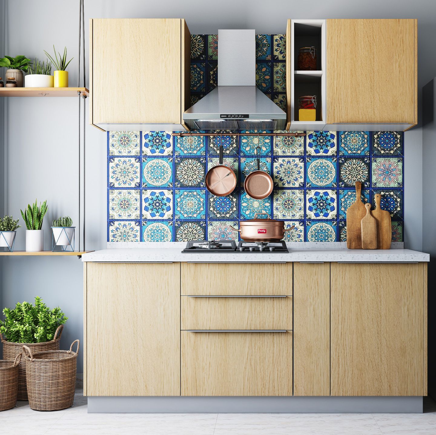 Moroccan Square Kitchen Wall Tiles In Blue And Cream | Livspace