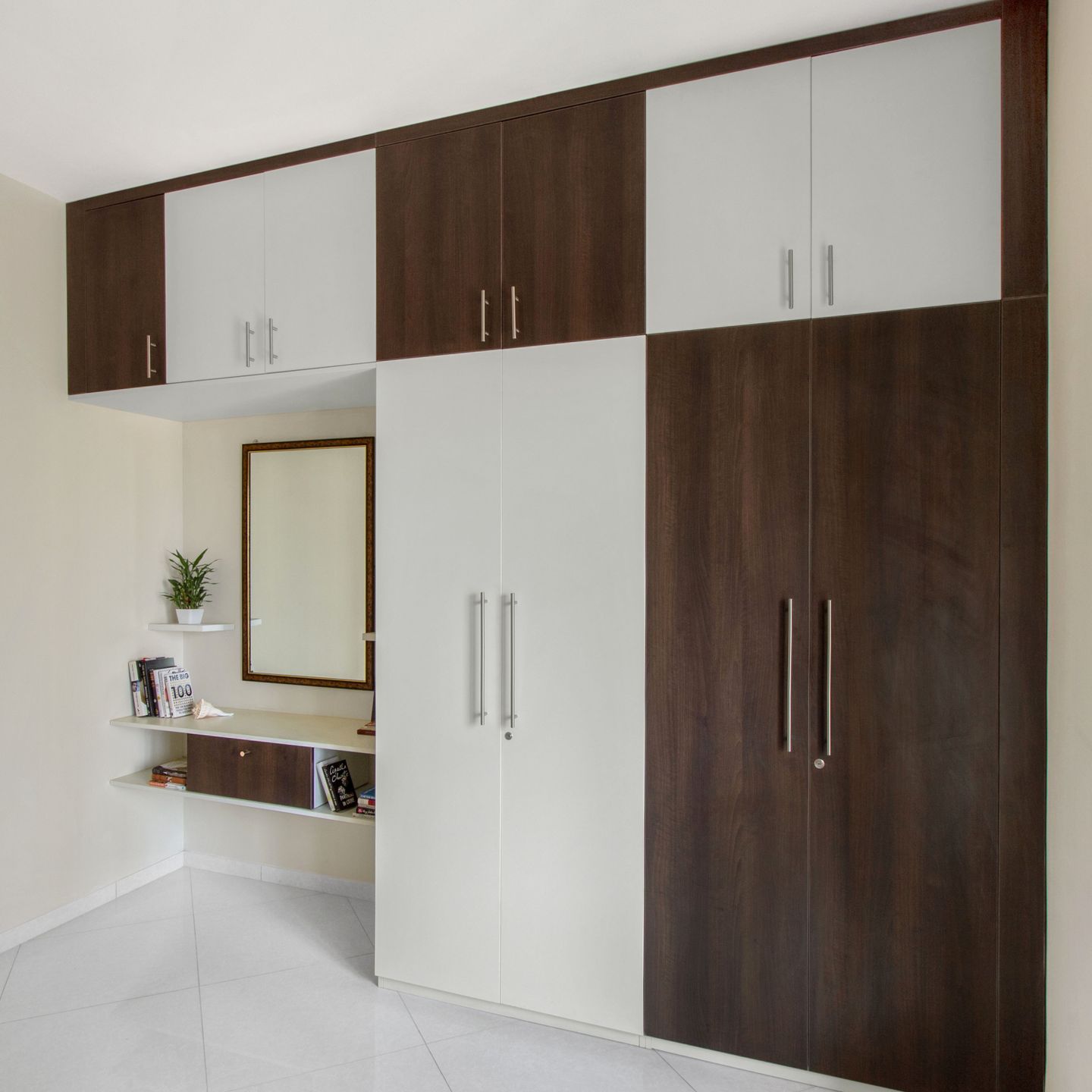 Wood And White 4-Door Swing Wardrobe Design With Loft Storage And ...