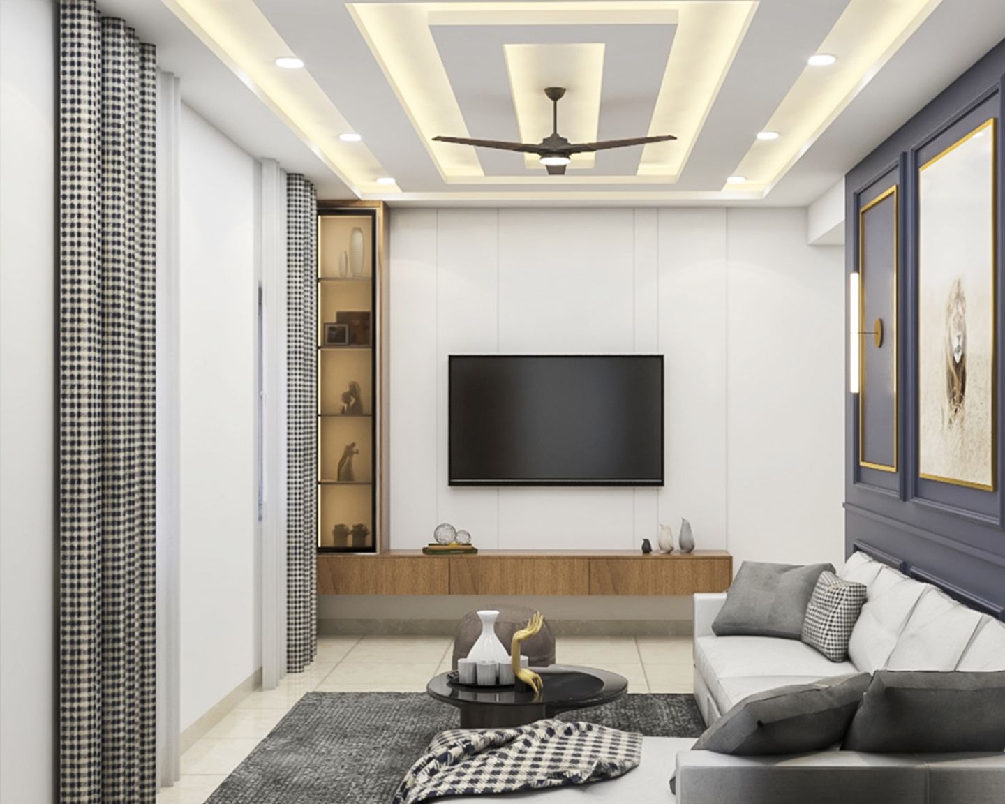 White Triple-Layered Gypsum Ceiling Design With Recessed Lights And ...