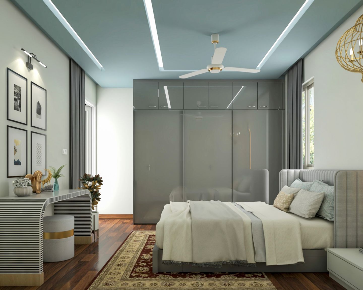 Blue Single-Layered Bedroom Ceiling Design With Cove Lights | Livspace