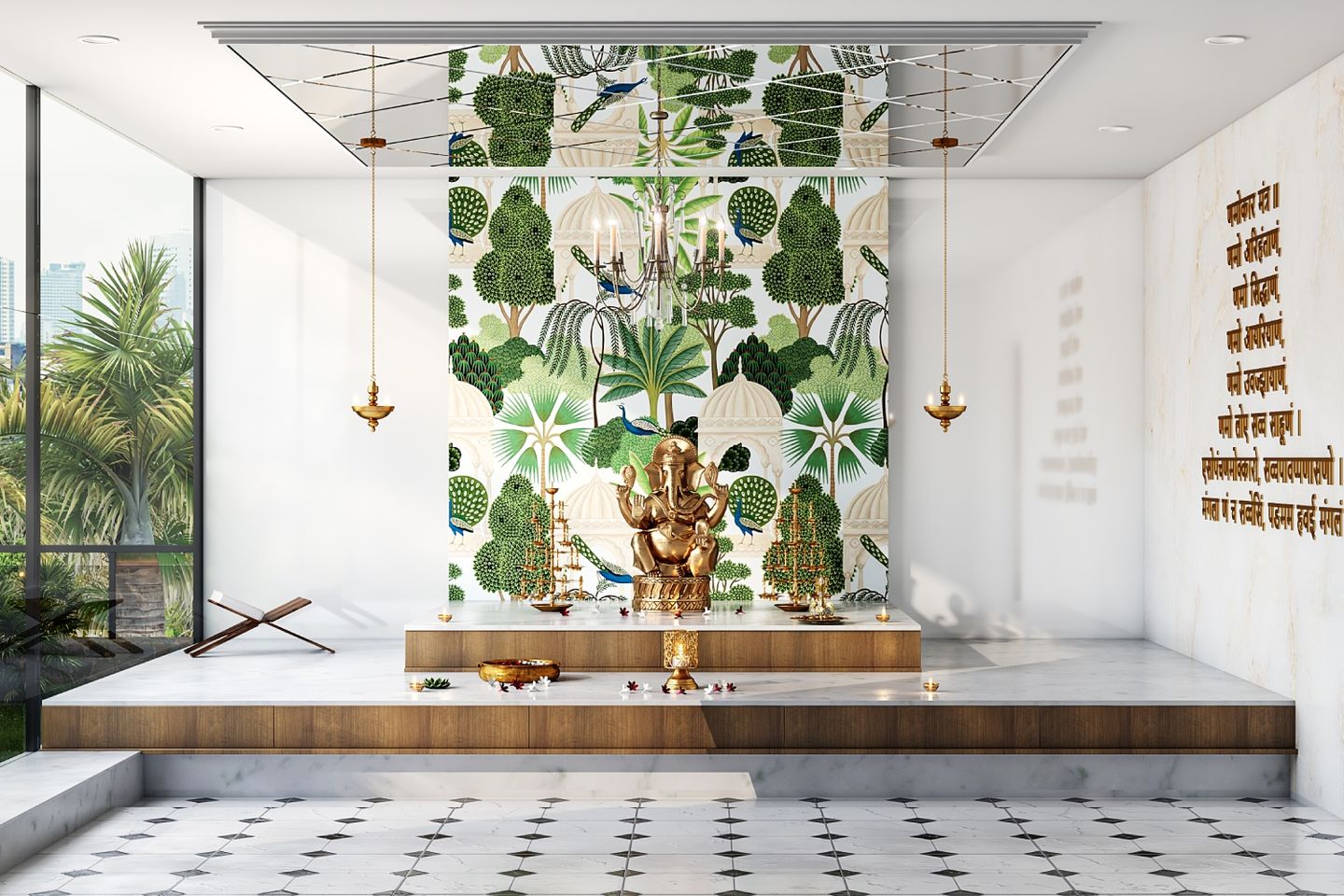 Contemporary False Ceiling Ideas For Pooja Room With Bevelled Mirror ...