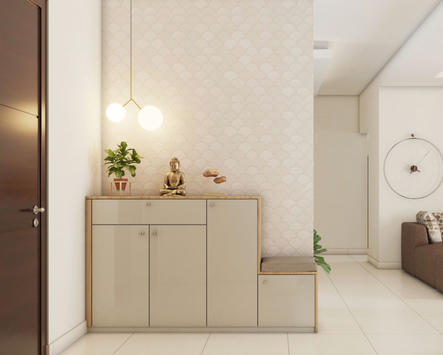 Foyer Design With Grey And Wood Stepped Storage Unit And Fish Scale ...