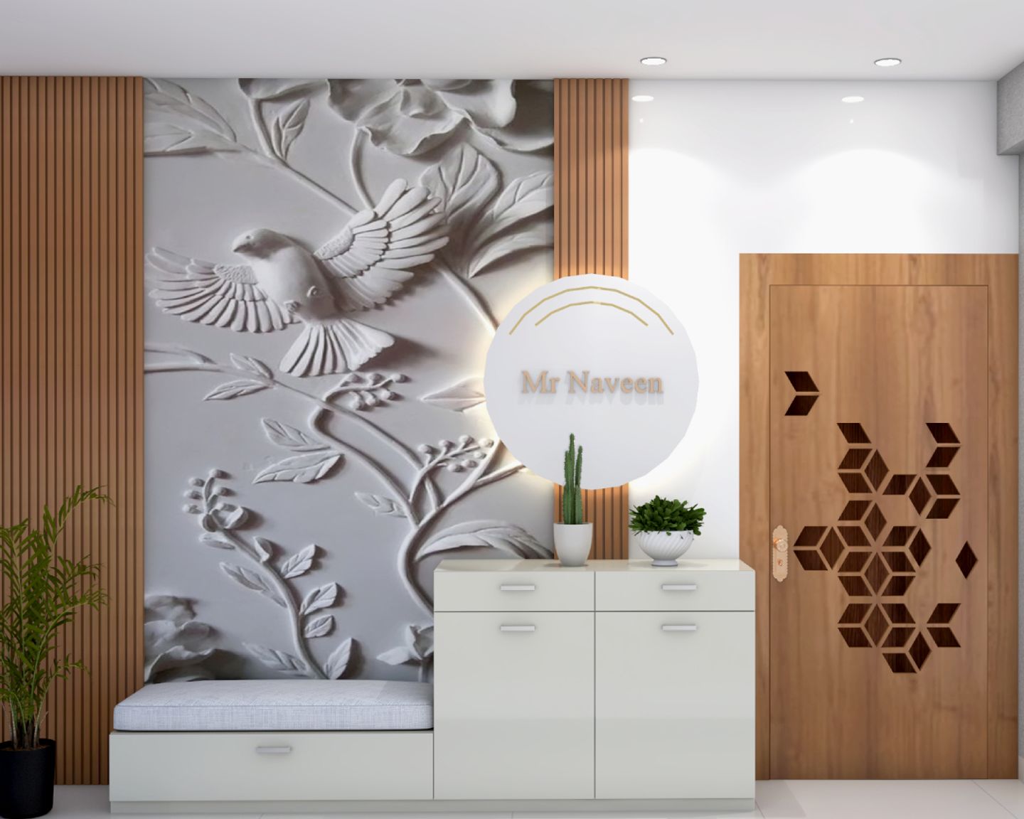 Spacious Foyer Design With 3D Nature-Themed Wall Design And Stepped ...