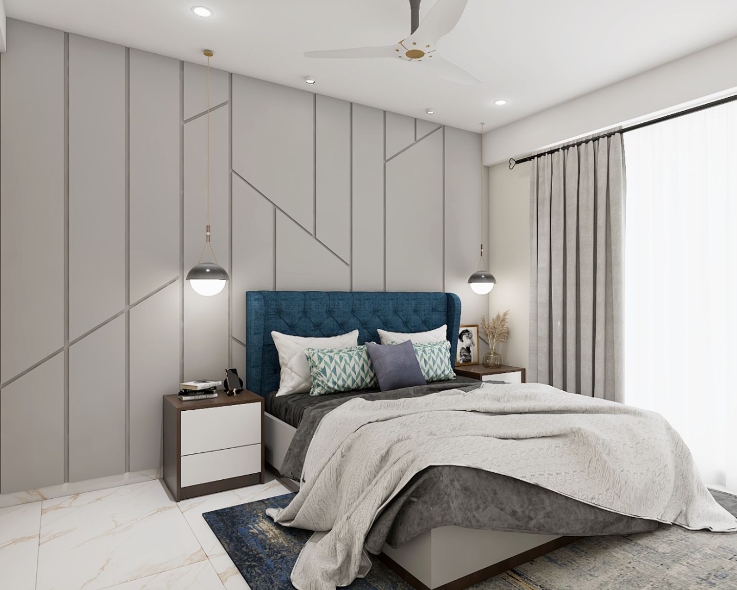 Guest Bedroom Design With Blue-Headboard Bed And Grey 3D Wall Panelling ...