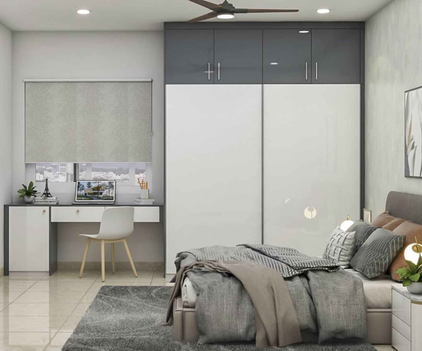 White And Grey Compact Home Office Design With White-Wood Chair | Livspace