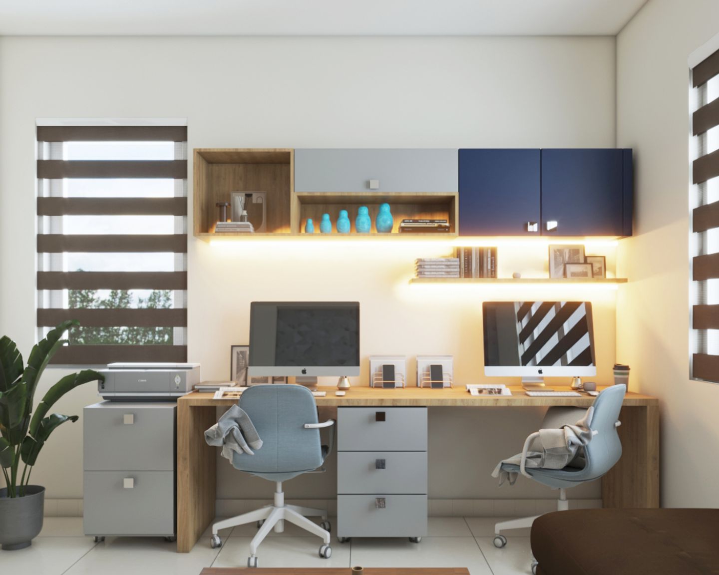 Spacious 2-Seater Grey And Wood Home Office Design With Blue Cabinets ...