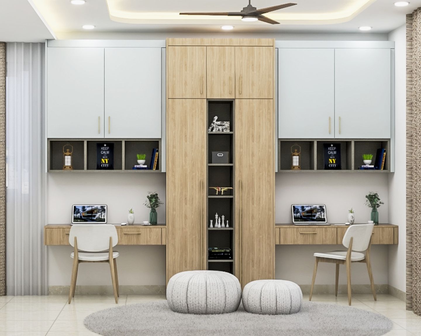 Grey And Wood Home Office Design For Two With Cabinet Storage And Open ...