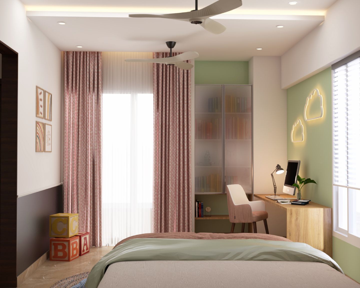 Spacious Kids Room Design With Wooden Bed And Study Table | Livspace