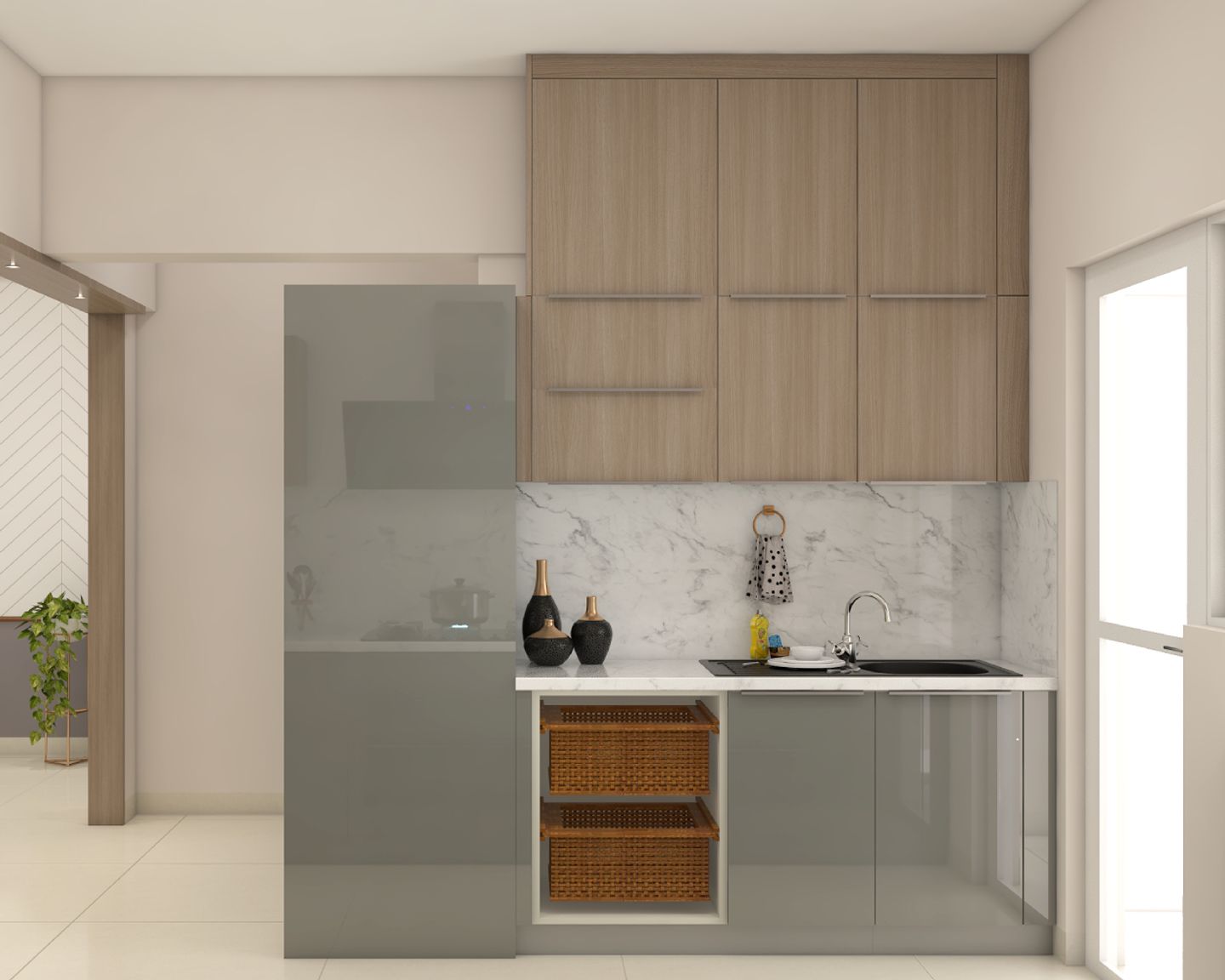 Spacious Modular Grey And Wood Parallel Kitchen Design | Livspace