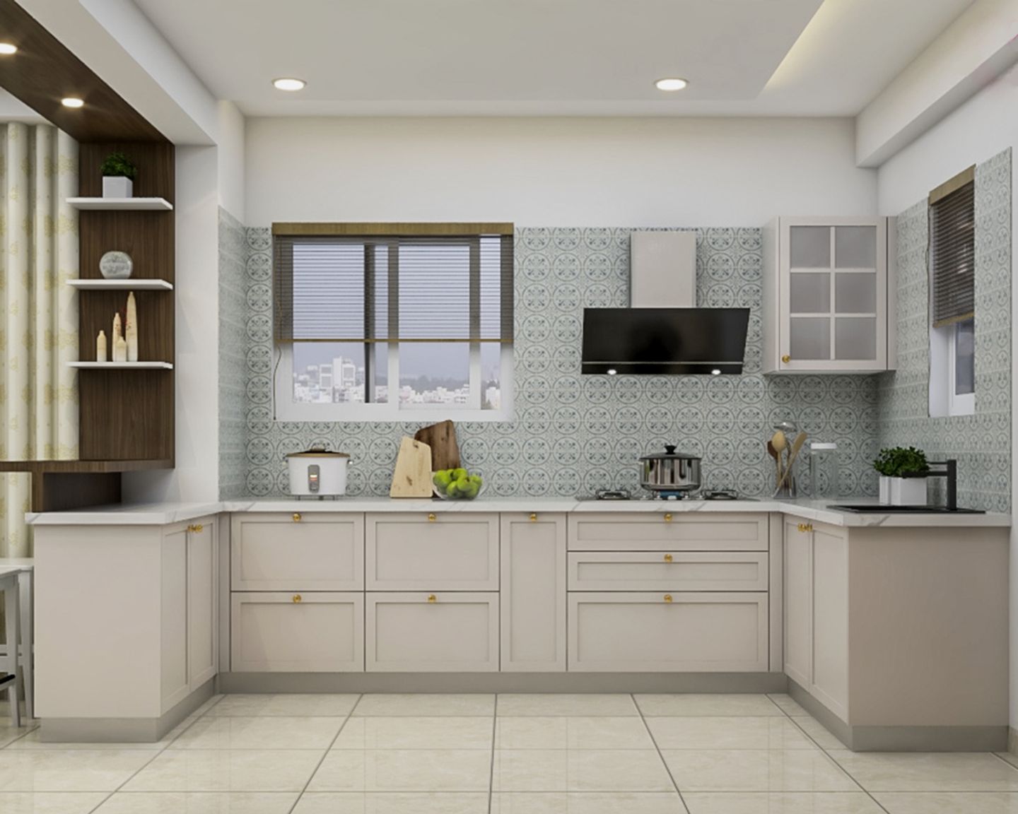 Champagne-Toned Modular Open Kitchen Design With Classic Aesthetics And ...