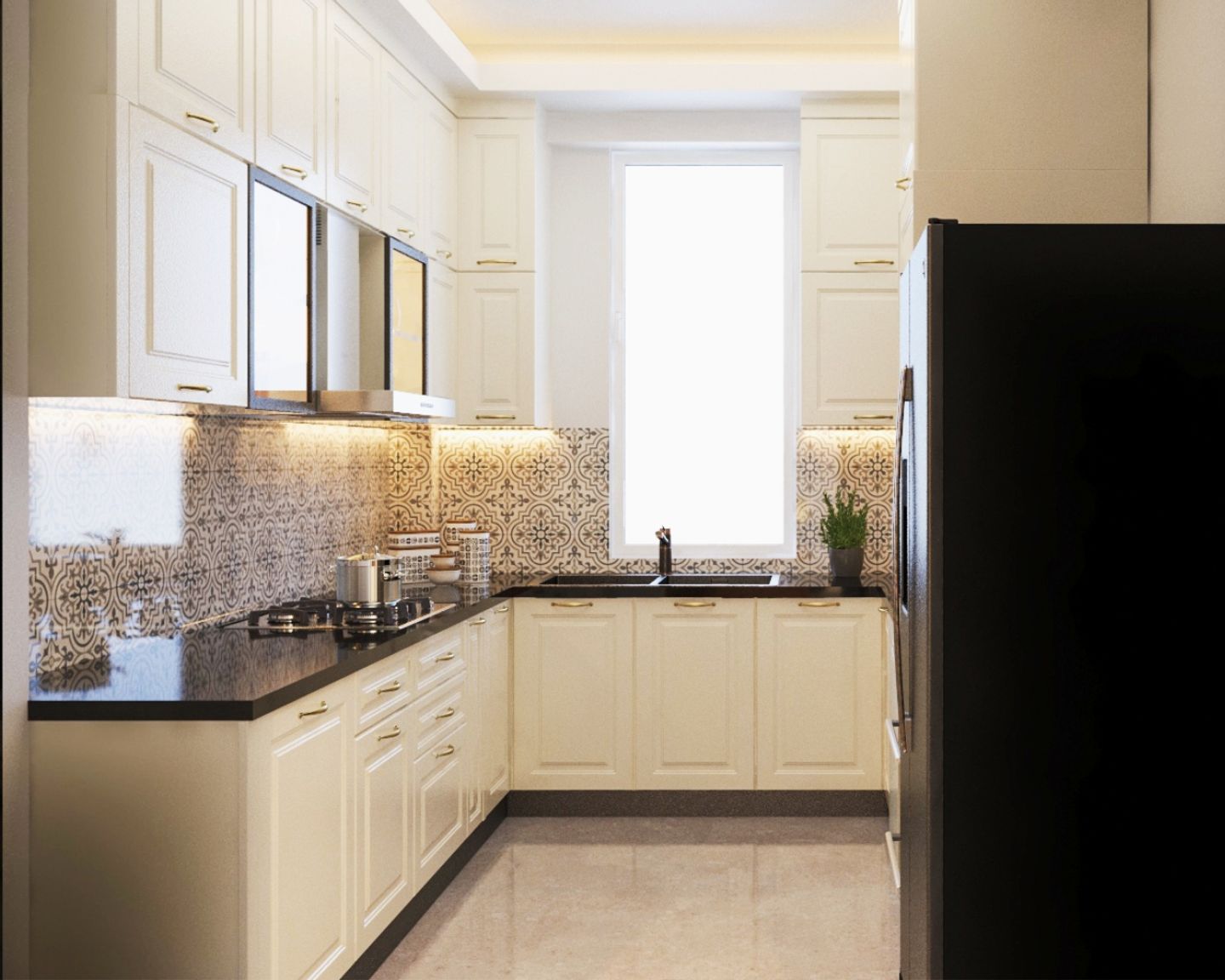 Cream-Toned Blossom Magnolia Kitchen Cabinets With Moroccan Backsplash ...