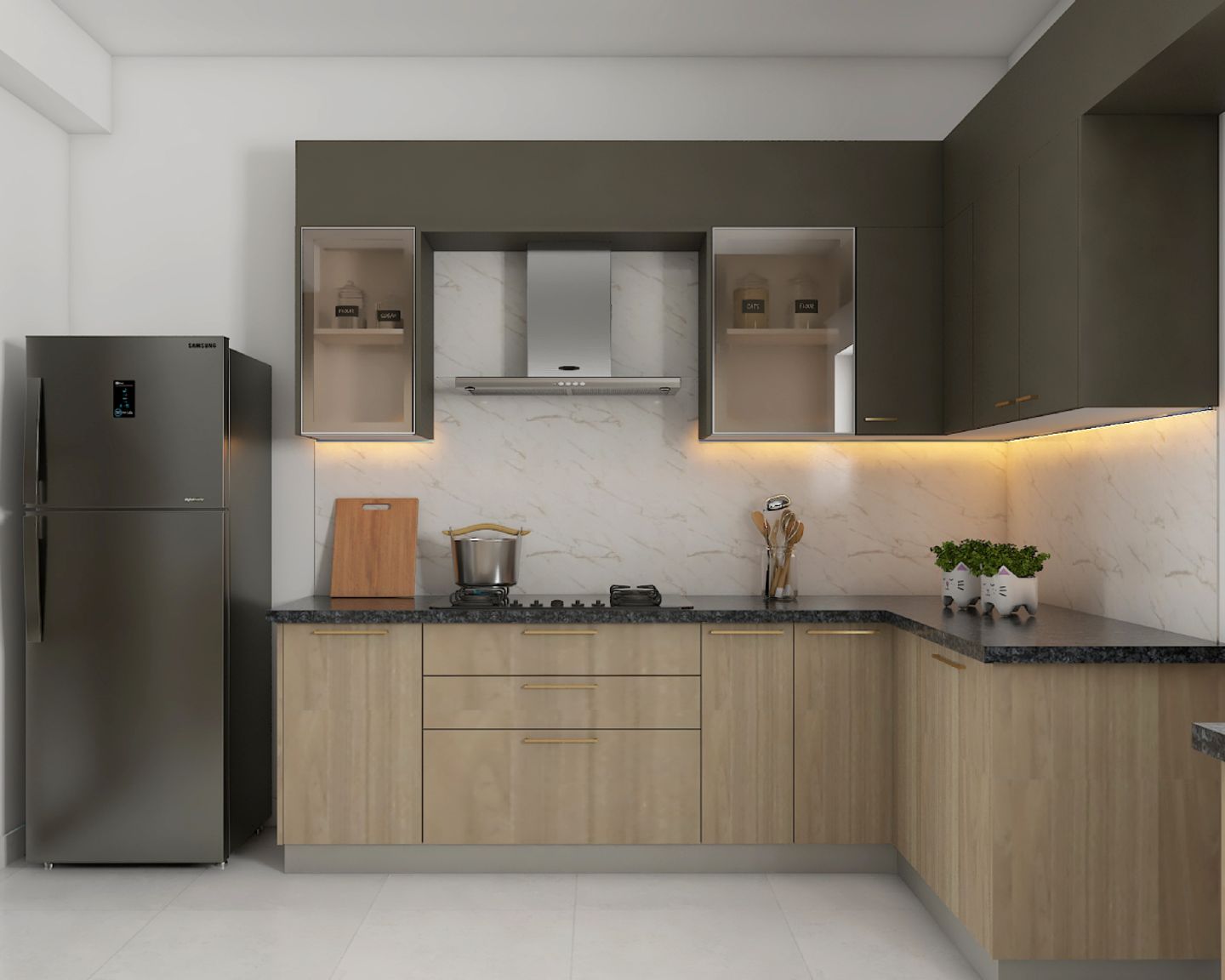 Wood And Green Modular Kitchen Design With Aluminium Rolling Shutters ...