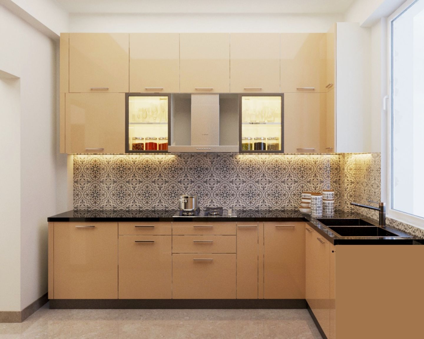 Modular Peach Kitchen Cabinet Design With U-Shaped Layout | Livspace