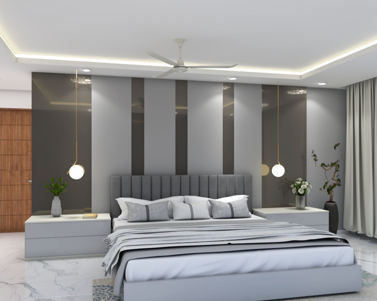 Spacious Grey Master Bedroom Design With Dark And Light Grey Glossy ...