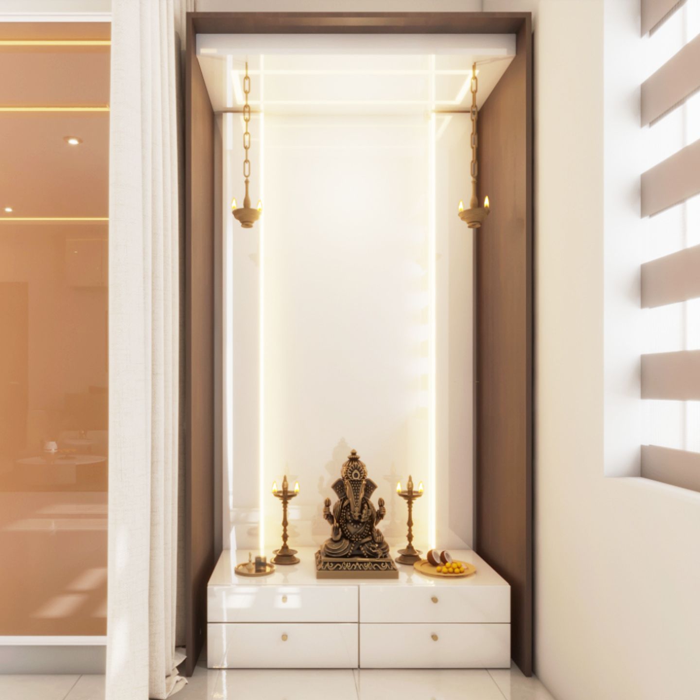 Floor-Mounted Mandir Design With White Drawer Storage And Wooden Side ...