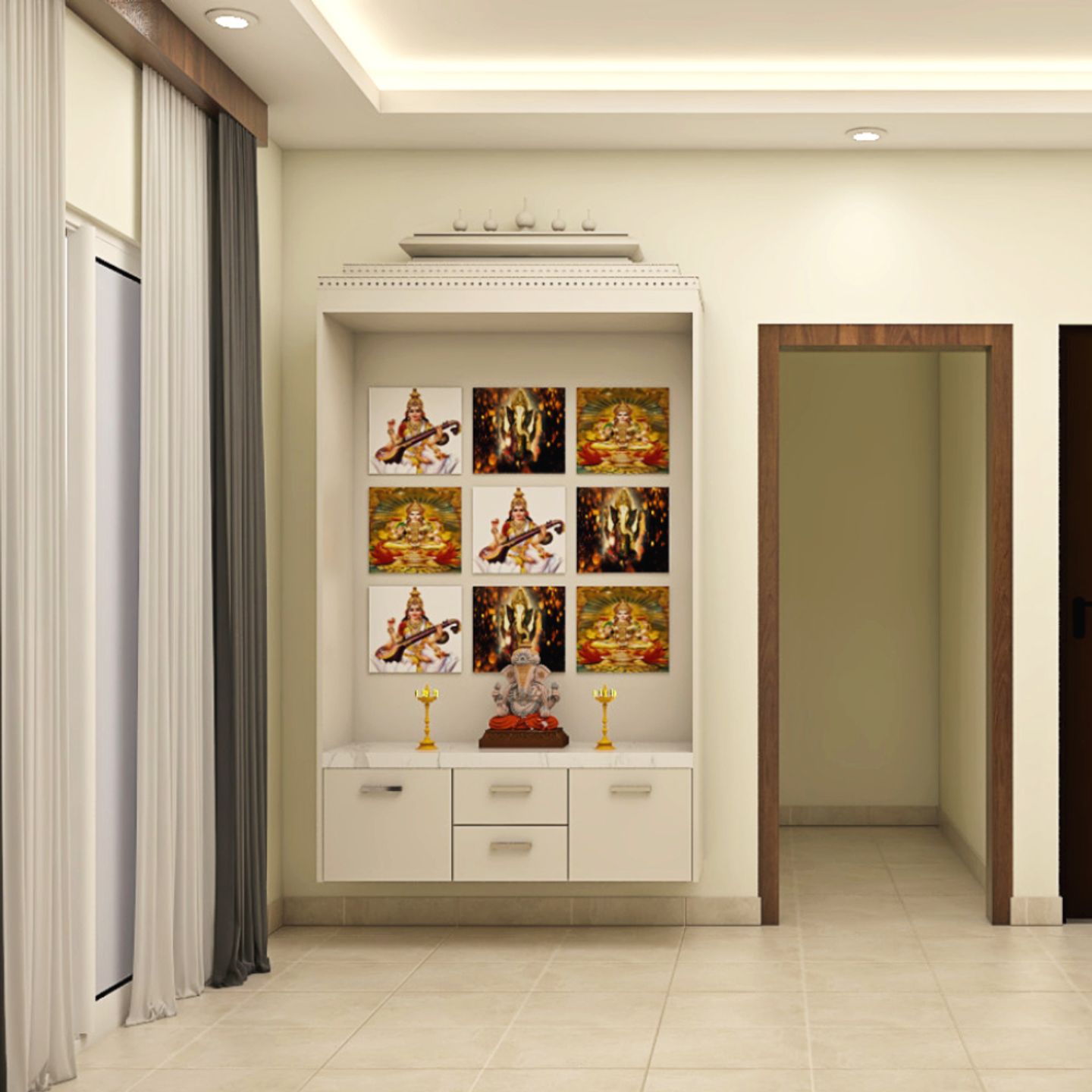 Frosty White Open And Closed White Mandir Unit With Drawer Storage ...