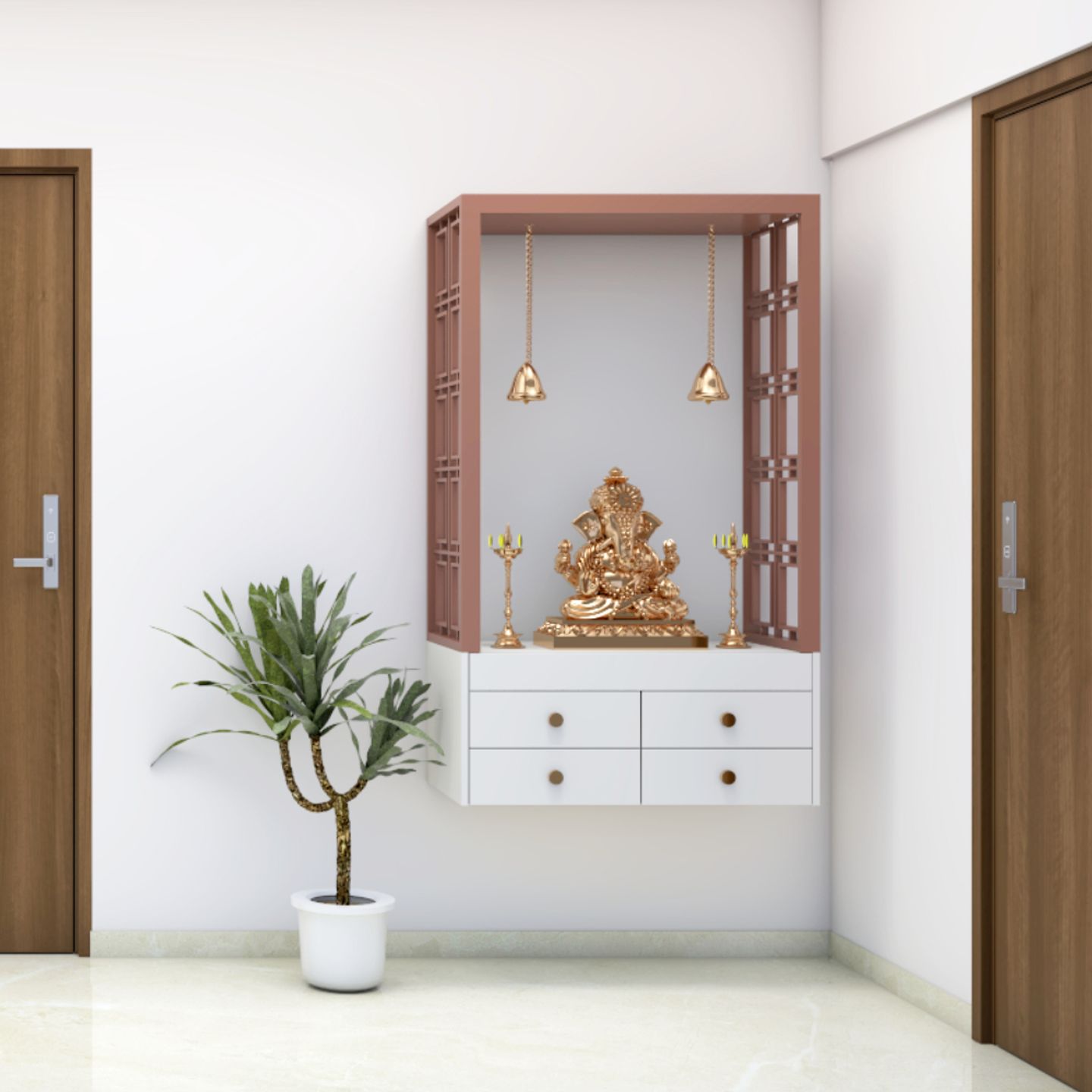 White And Brown Mandir Design With 4-Drawer Storage | Livspace