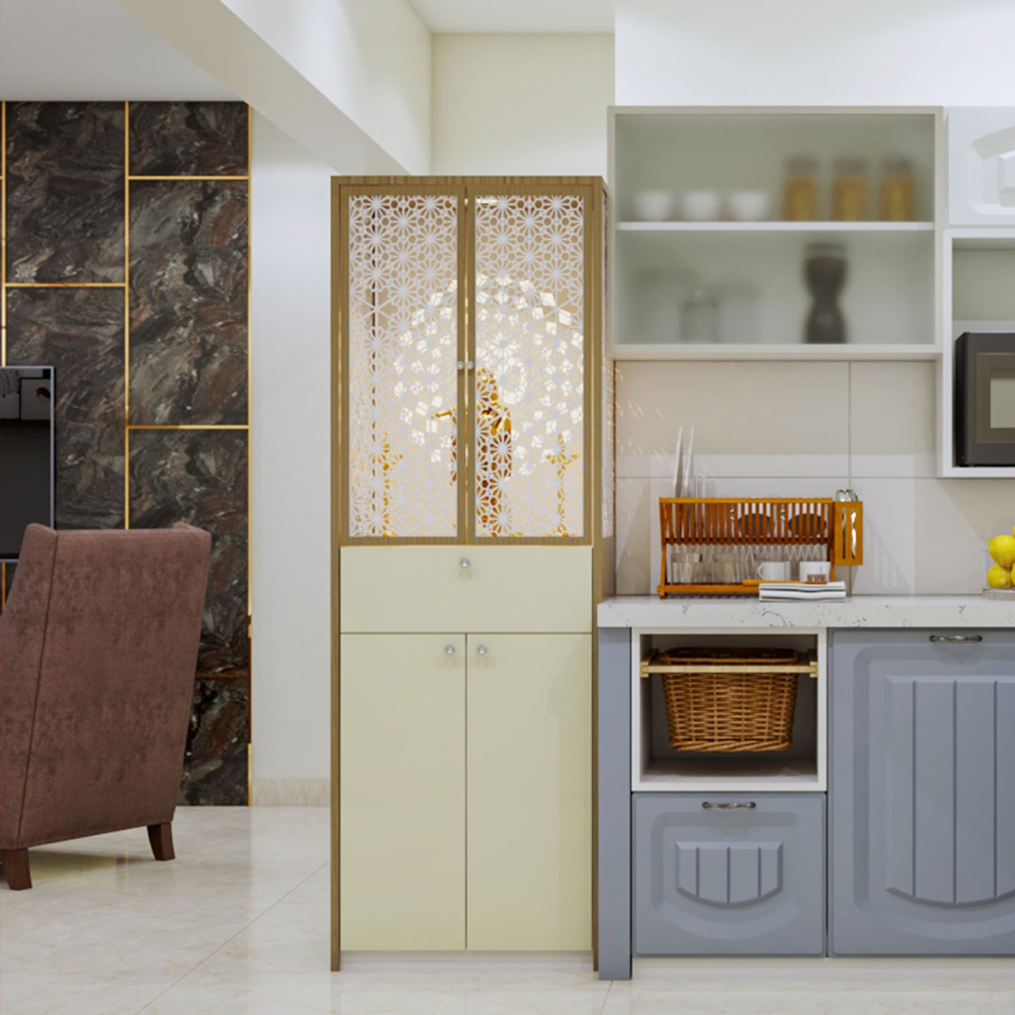 Champagne-Toned Mandir Design With Om Mandla And Shutter Storage | Livspace