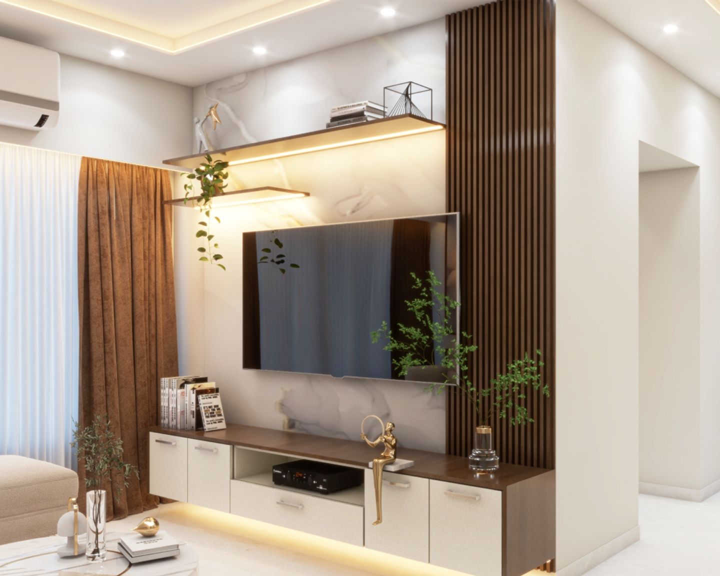 Spacious White And Wood TV Unit Design With Marble And Wooden Fluted Wall Panels | Livspace