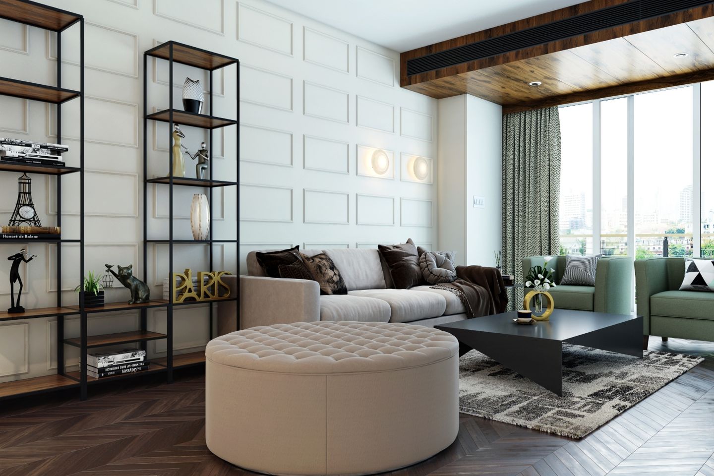 White 3D Rectangular Grid Wall Design With Wall Trims | Livspace