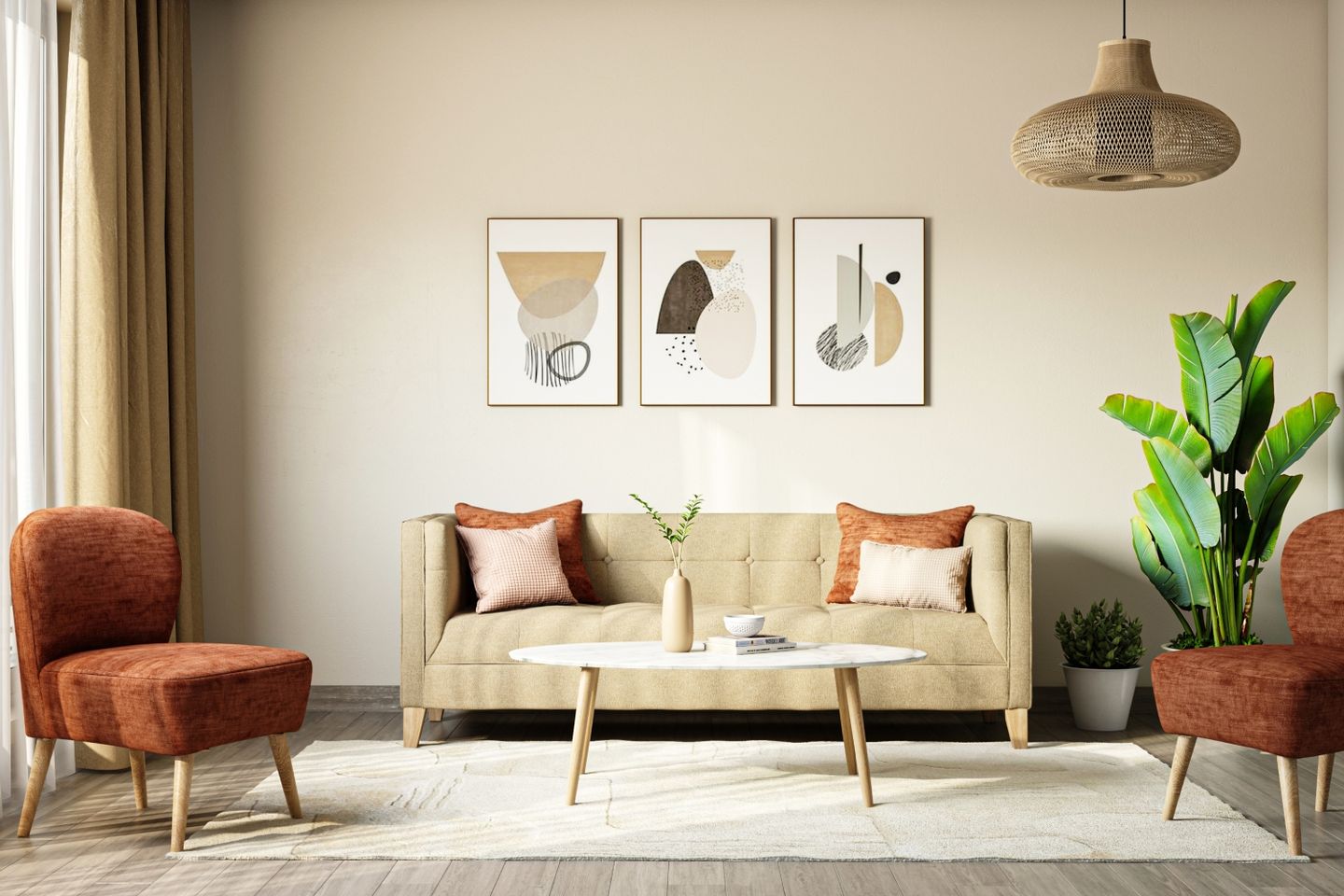 Beige Wall Paint Design For Living Rooms With Colourful Wall Art And ...