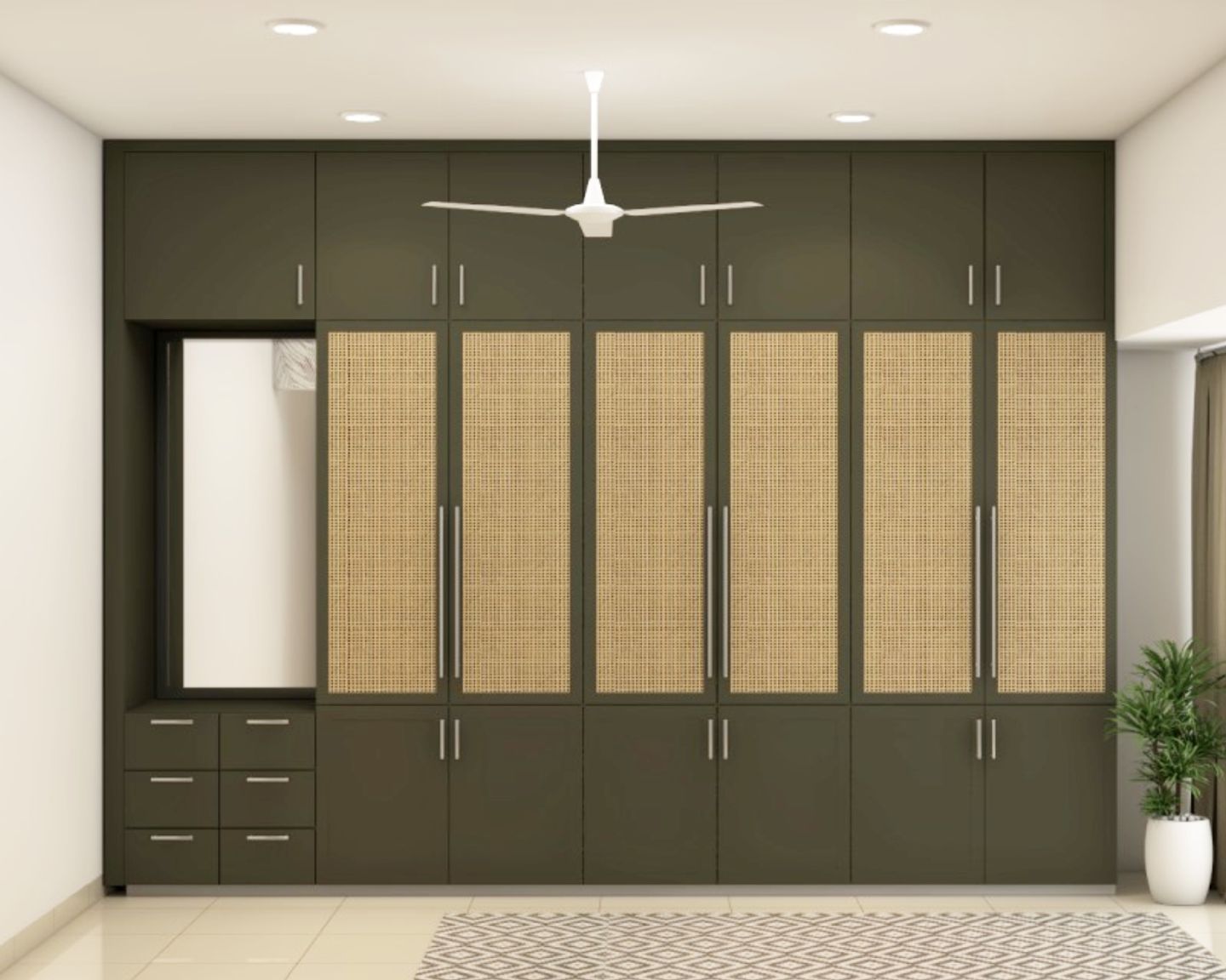 6-Door Dark Green And Rattan Wardrobe Design With Loft Storage And ...