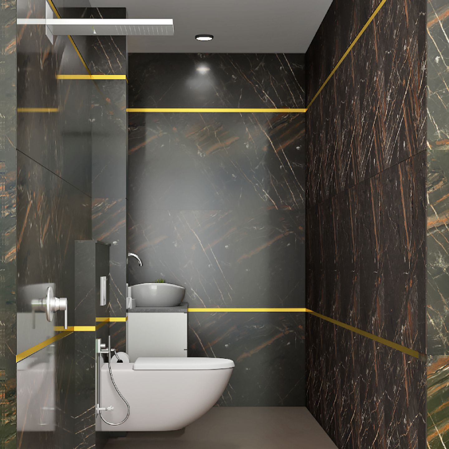 Black Marble Contemporary Bathroom with Golden Inlay | Livspace