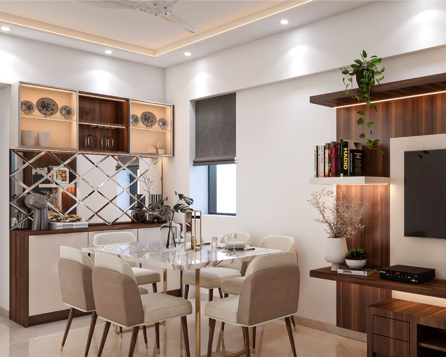 Low-Maintenance Dining Room Design With White Marble Details | Livspace