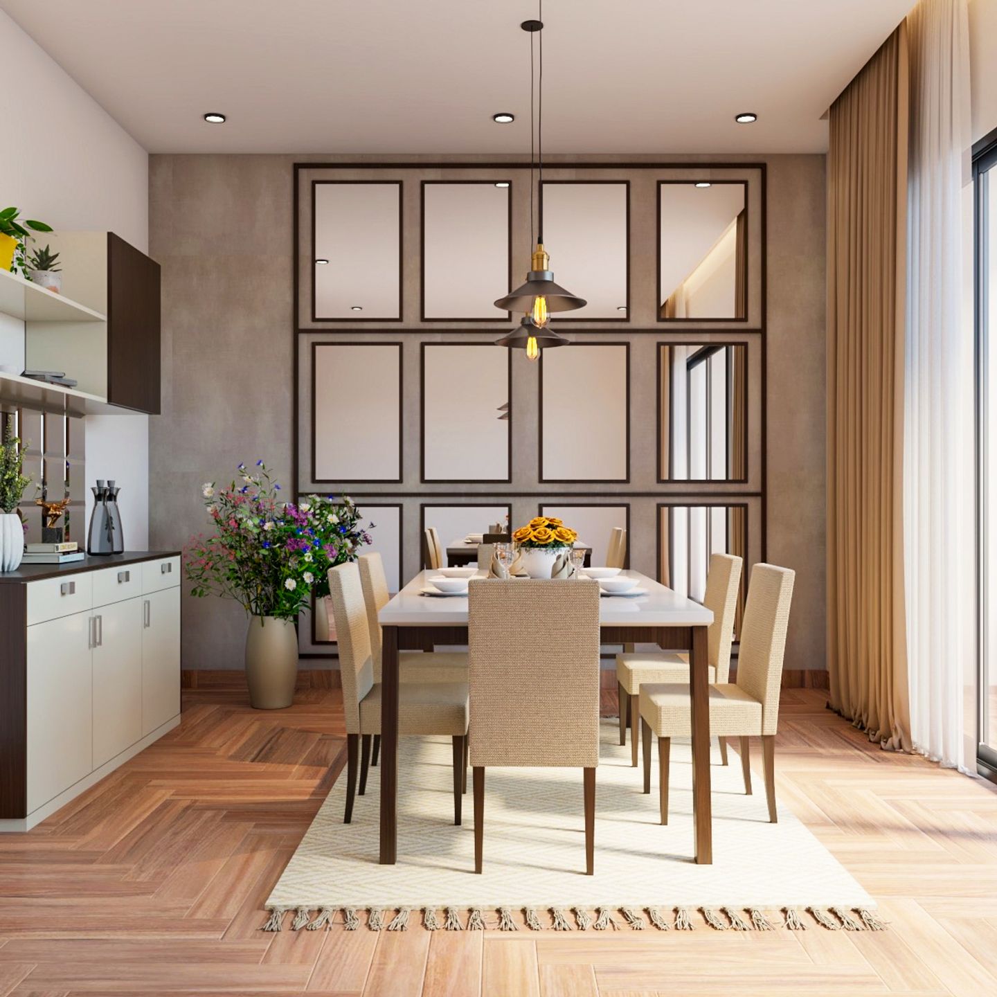 Spacious Dining Room With Beige Chairs | Livspace
