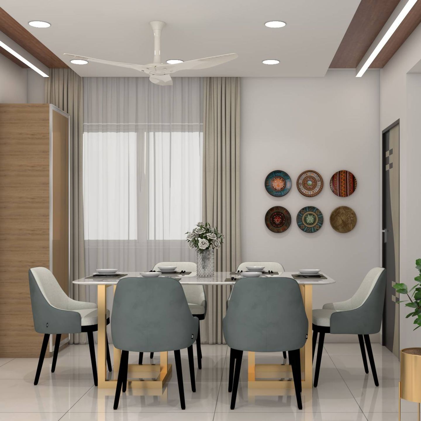 Spacious Dining Hall Design With Full Length Curtains | Livspace