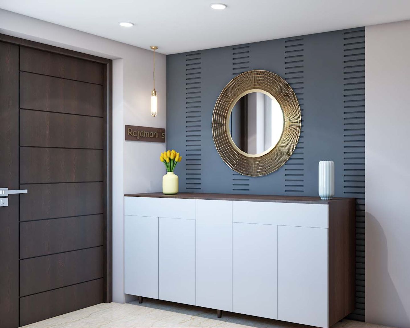 Foyer Design With Blue Accent Wall And White And Wood Storage | Livspace