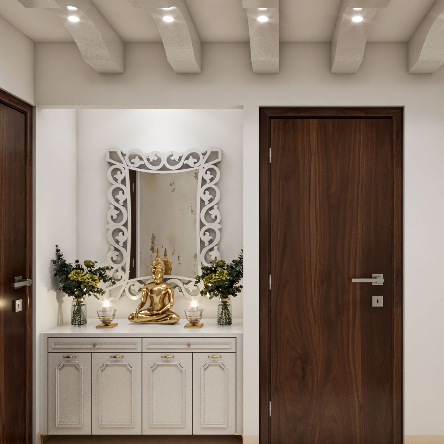 Classic Foyer Design With Green Panels And Storage | Livspace