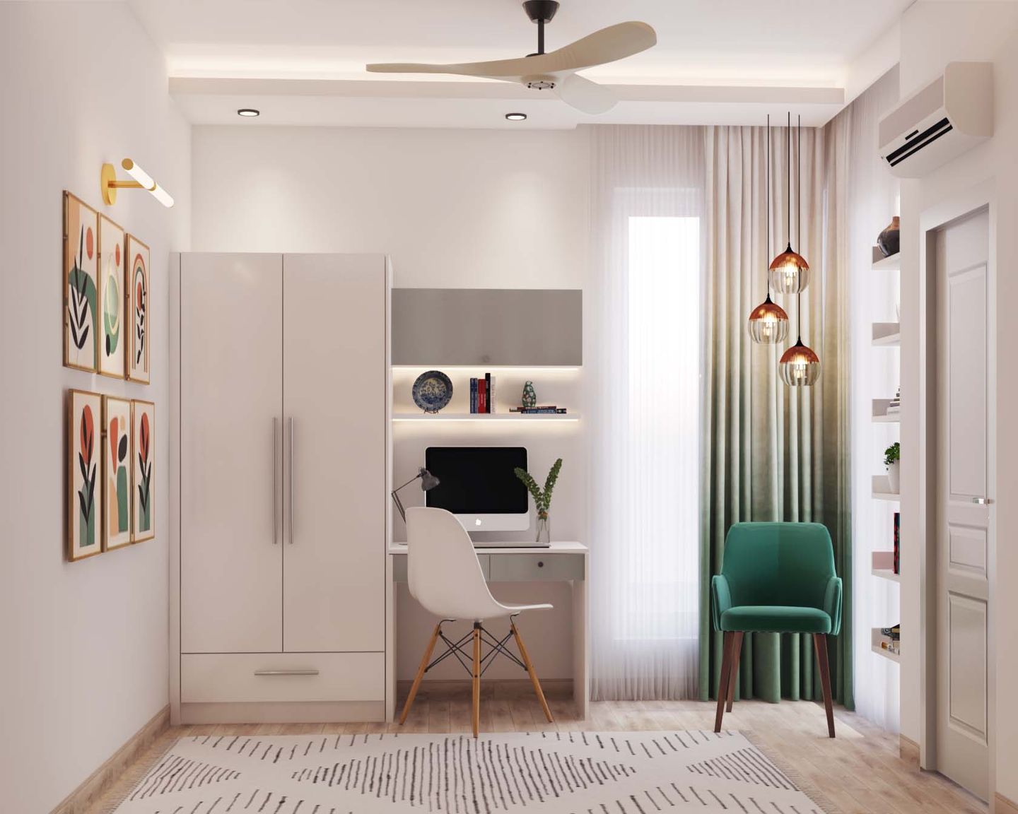 Compact Study Room Design With Wardrobe And Green Accent Chair | Livspace