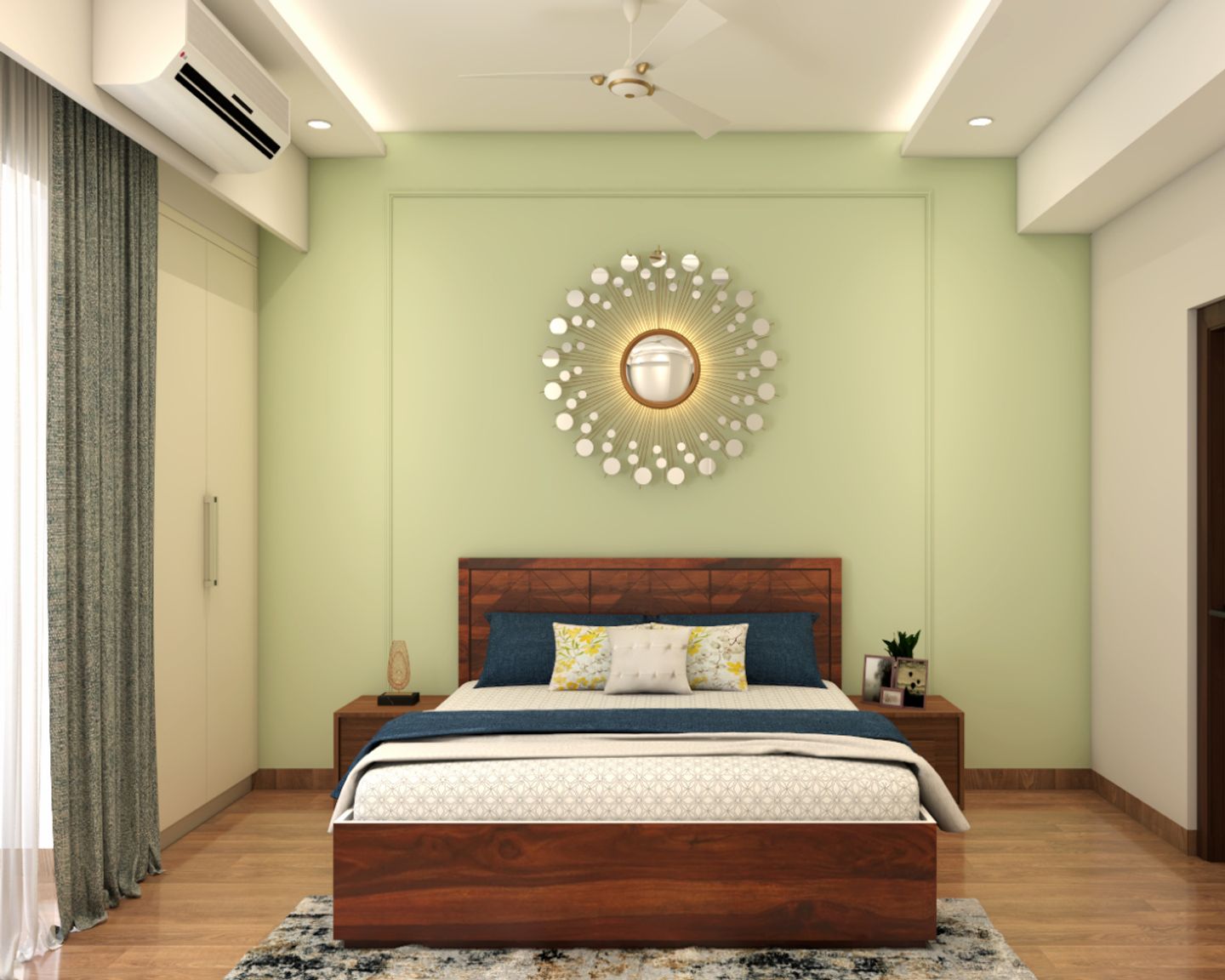 Spacious Guest Bedroom Design With A Green Accent Wall | Livspace