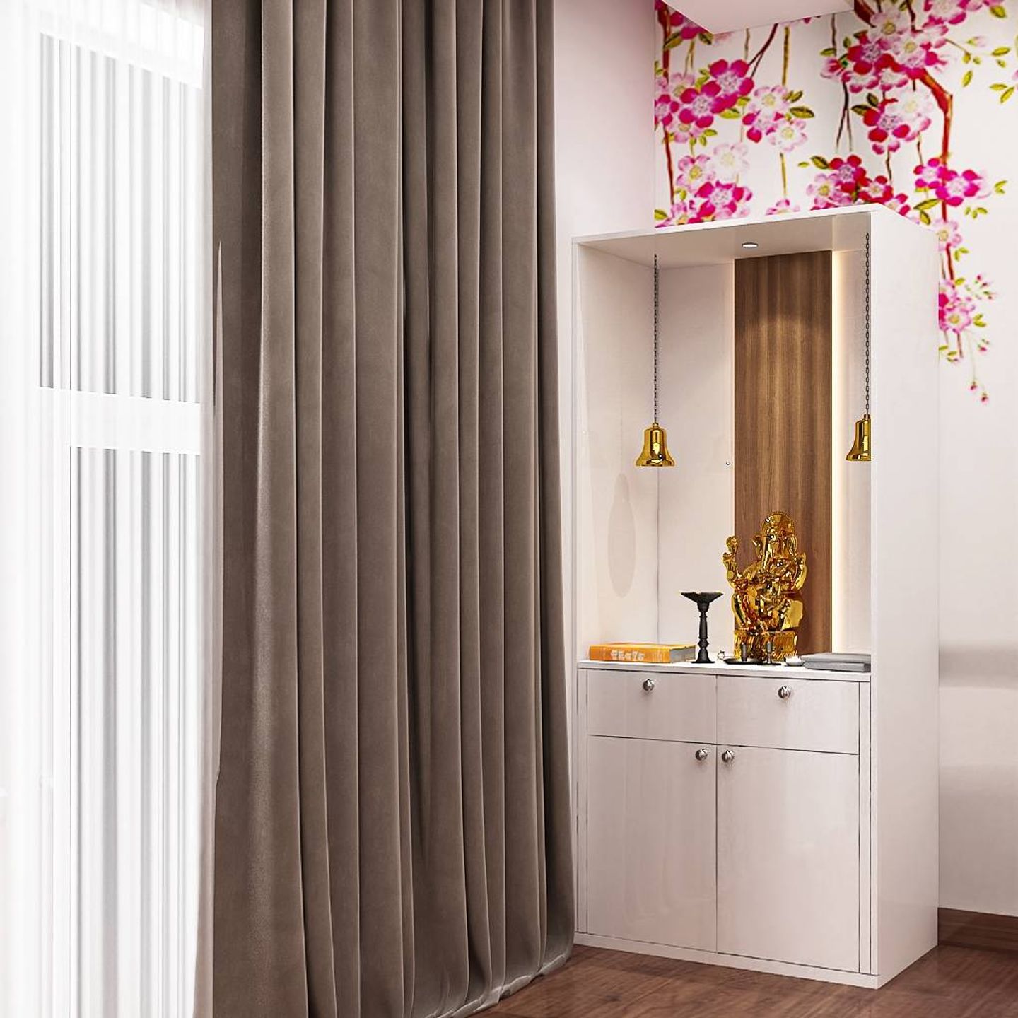 White Mandir Design With Wooden Touches And Hanging Bells | Livspace