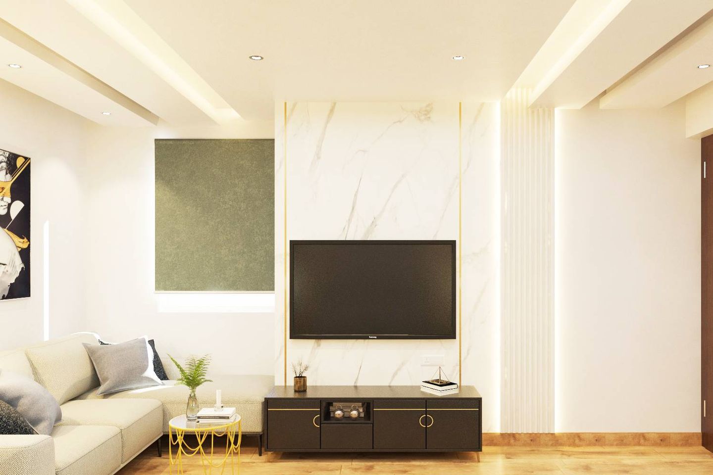 Modern TV Unit Design With Marble Accent Wall And Golden Strips | Livspace