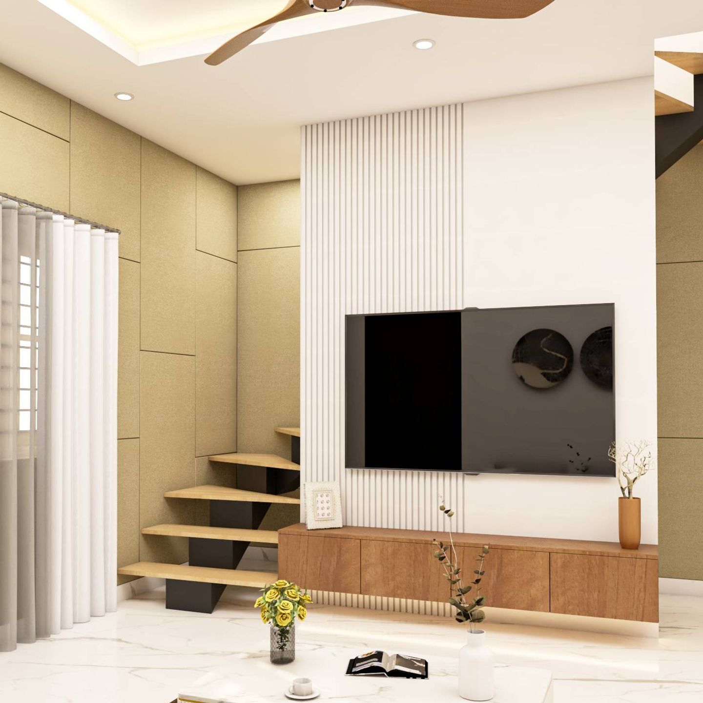 Spacious TV Unit Design With Push To Open Drawers | Livspace