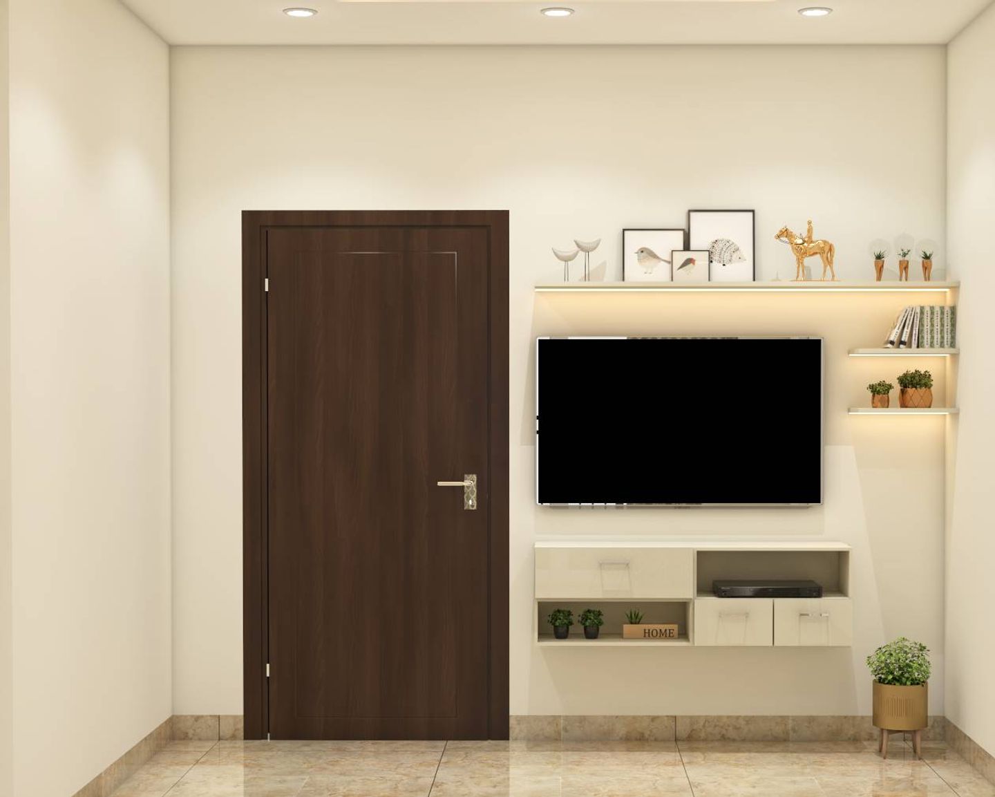 Compact TV Unit With Overhead Shelves | Livspace