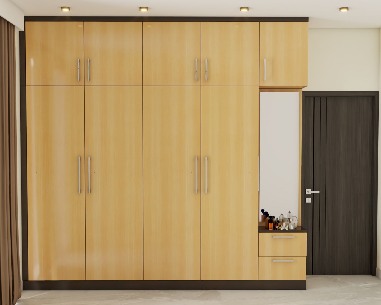 Compact 4-Door Wardrobe Design With Loft Storage | Livspace