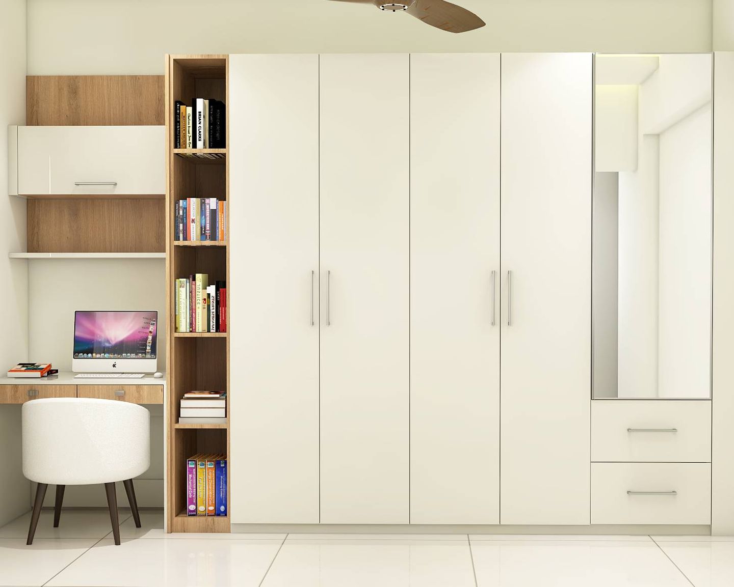 Spacious Off-White Wardrobe Design With Study Table | Livspace