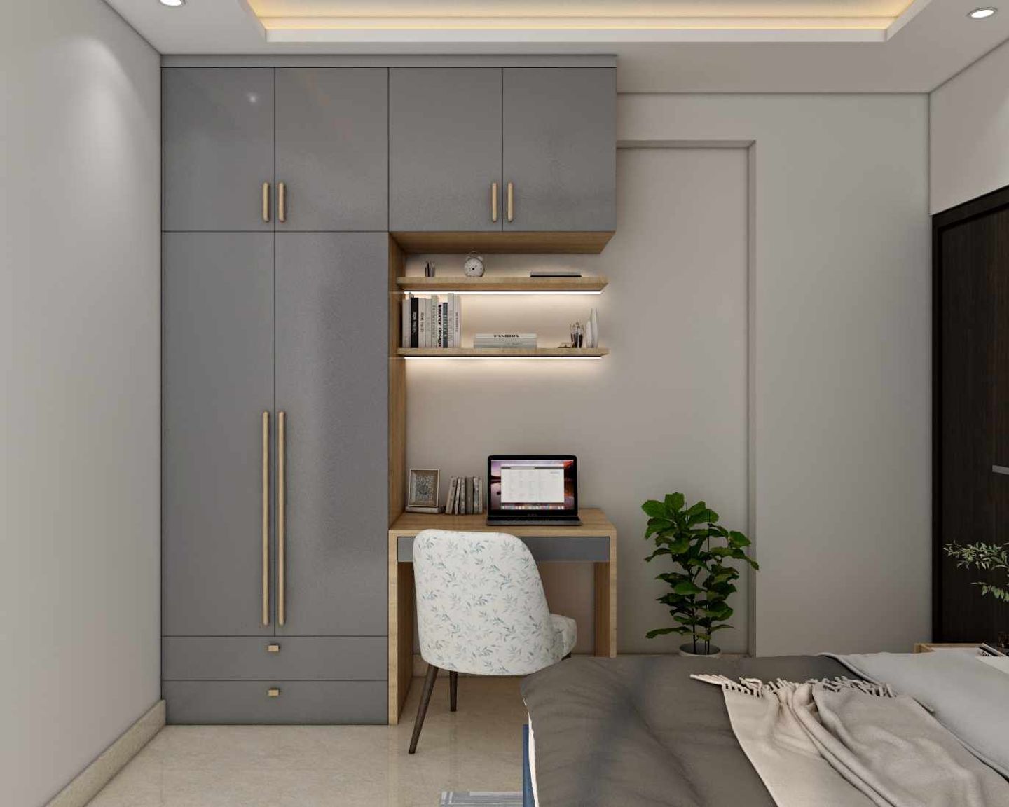Compact Grey Wardrobe Design with Sleek Golden Handles | Livspace