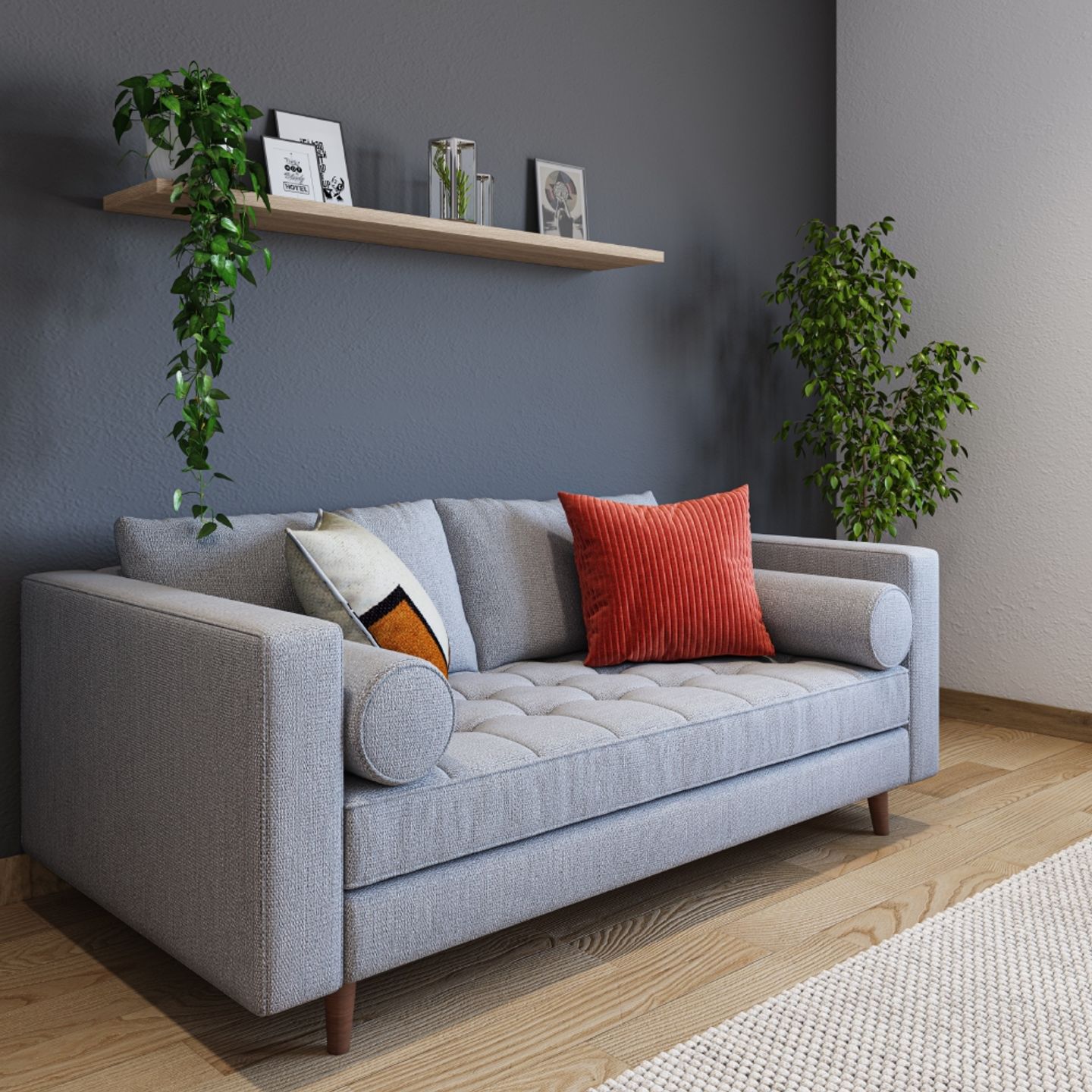 Living Room Design With Grey Sofa And Dark Grey Accent Wall - 12x11 Ft ...